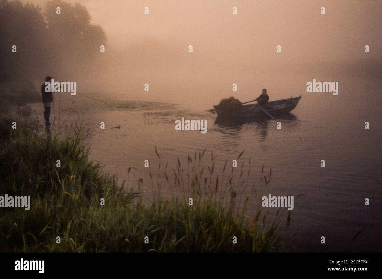 Salmon fishermen on the River Tweed rowing a net out for traditional ...
