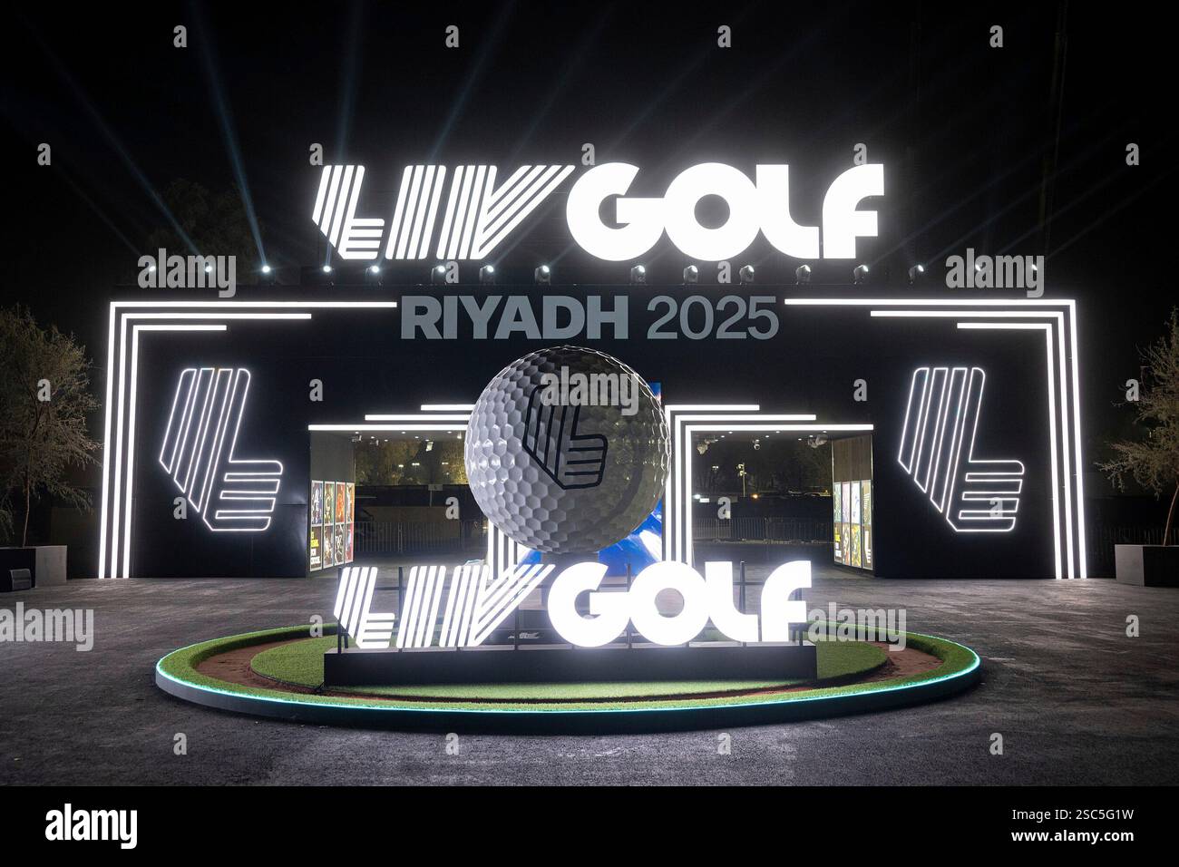 LIV Golf Riyadh signage is seen at the entrance during the pro-am ...