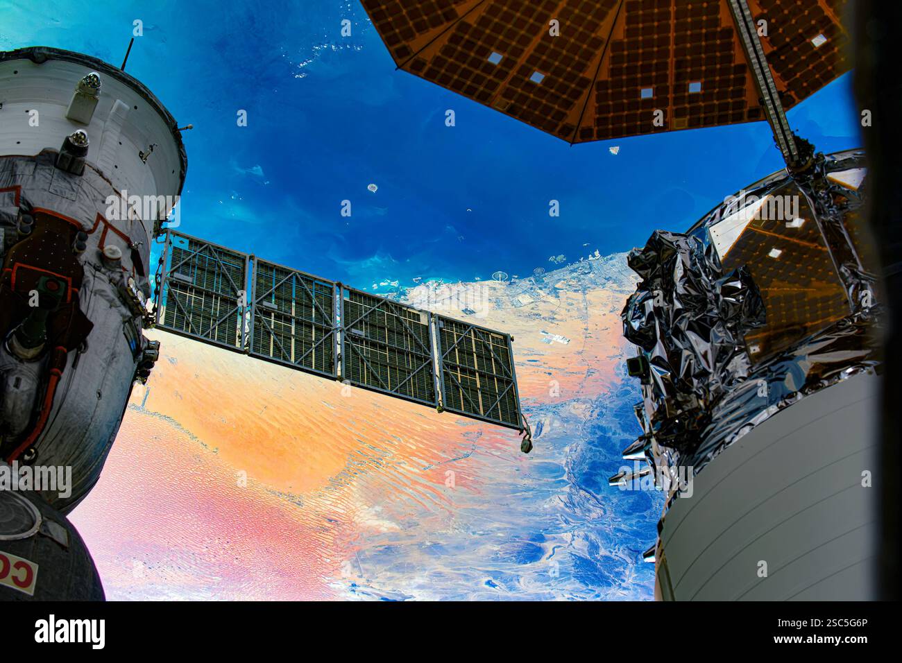 Soyuz spacecraft in space. Digital enhancement of an image by NASA ...