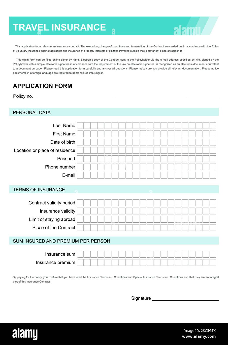 Travel insurance application form with places to fill in Stock Photo ...
