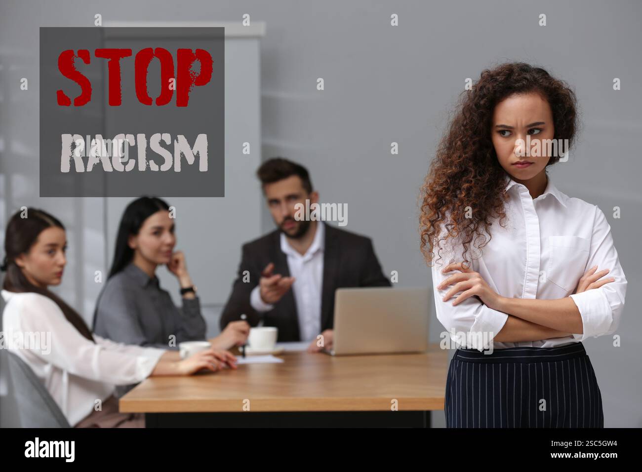 Stop racism. Woman suffering from discrimination at work Stock Photo ...