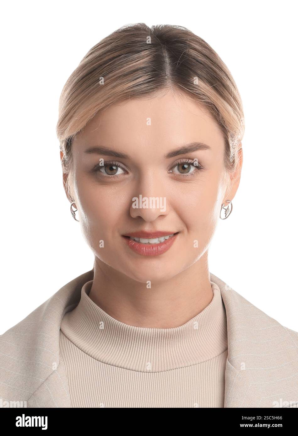 Passport photo. Portrait of woman on white background Stock Photo - Alamy