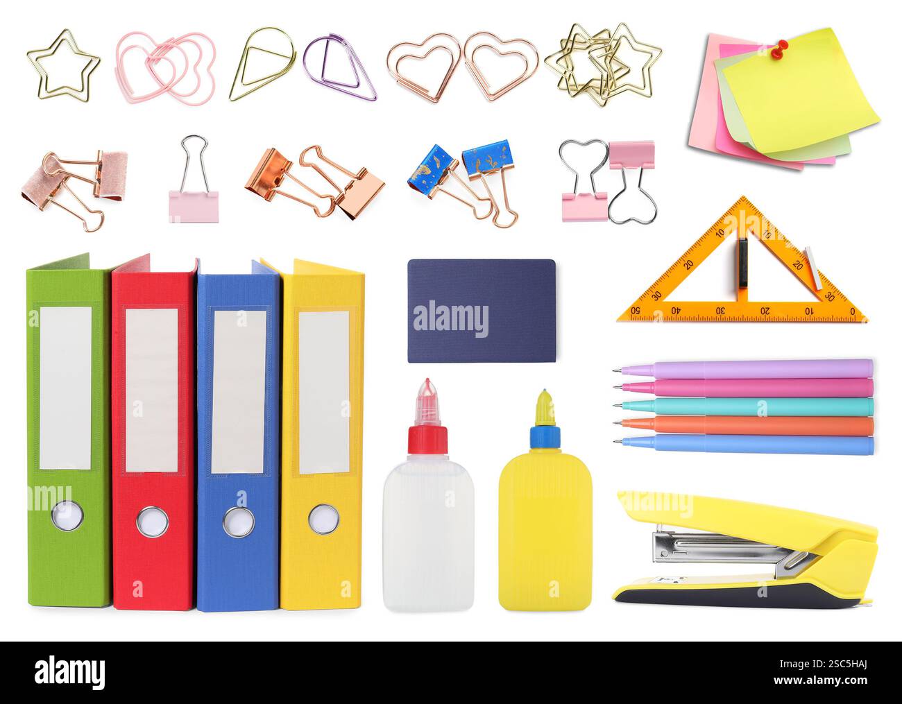 Different paper clips and other stationery isolated on white, set Stock ...