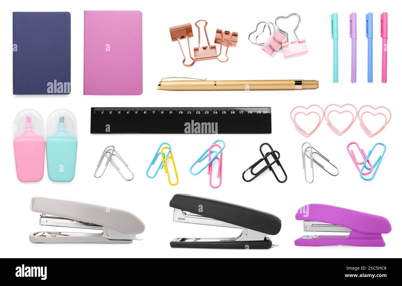 Different paper clips and other stationery isolated on white, set Stock ...