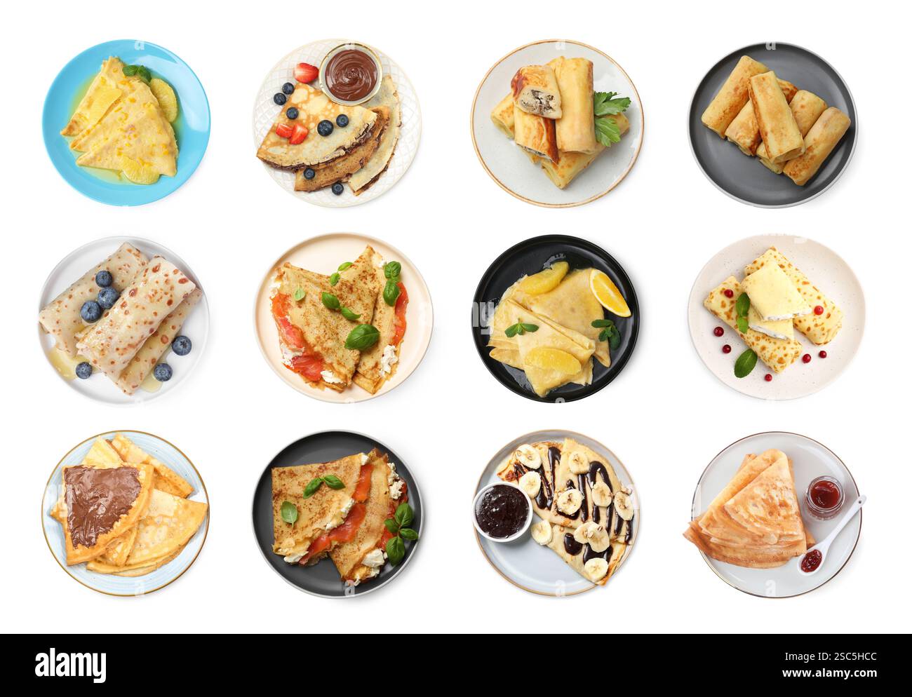 Different tasty crepes isolated on white, set. Top view Stock Photo - Alamy