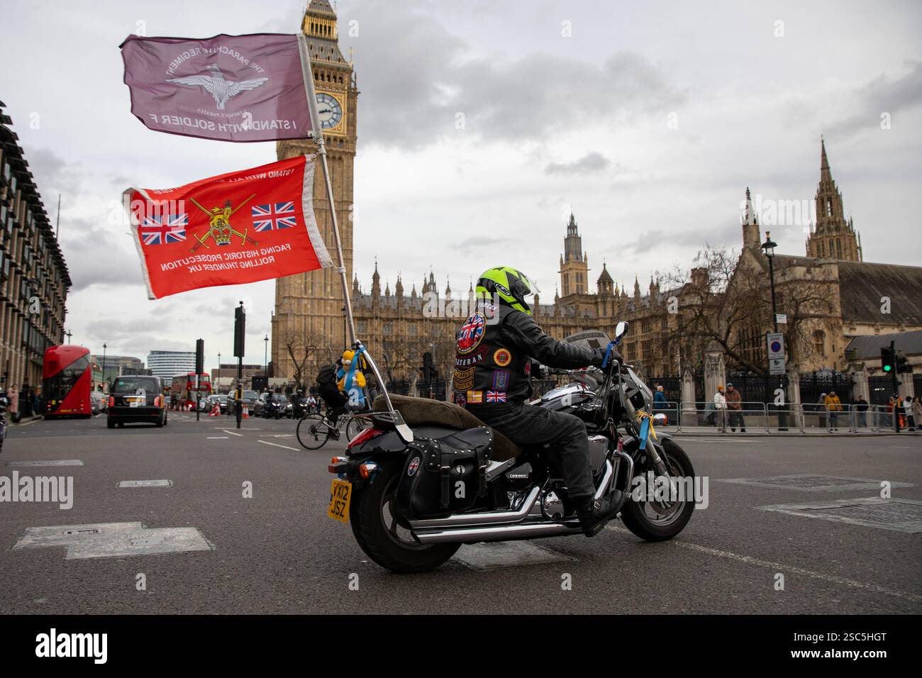 London, UK, 5th February 2025. A military veteran ride a motorcycle ...