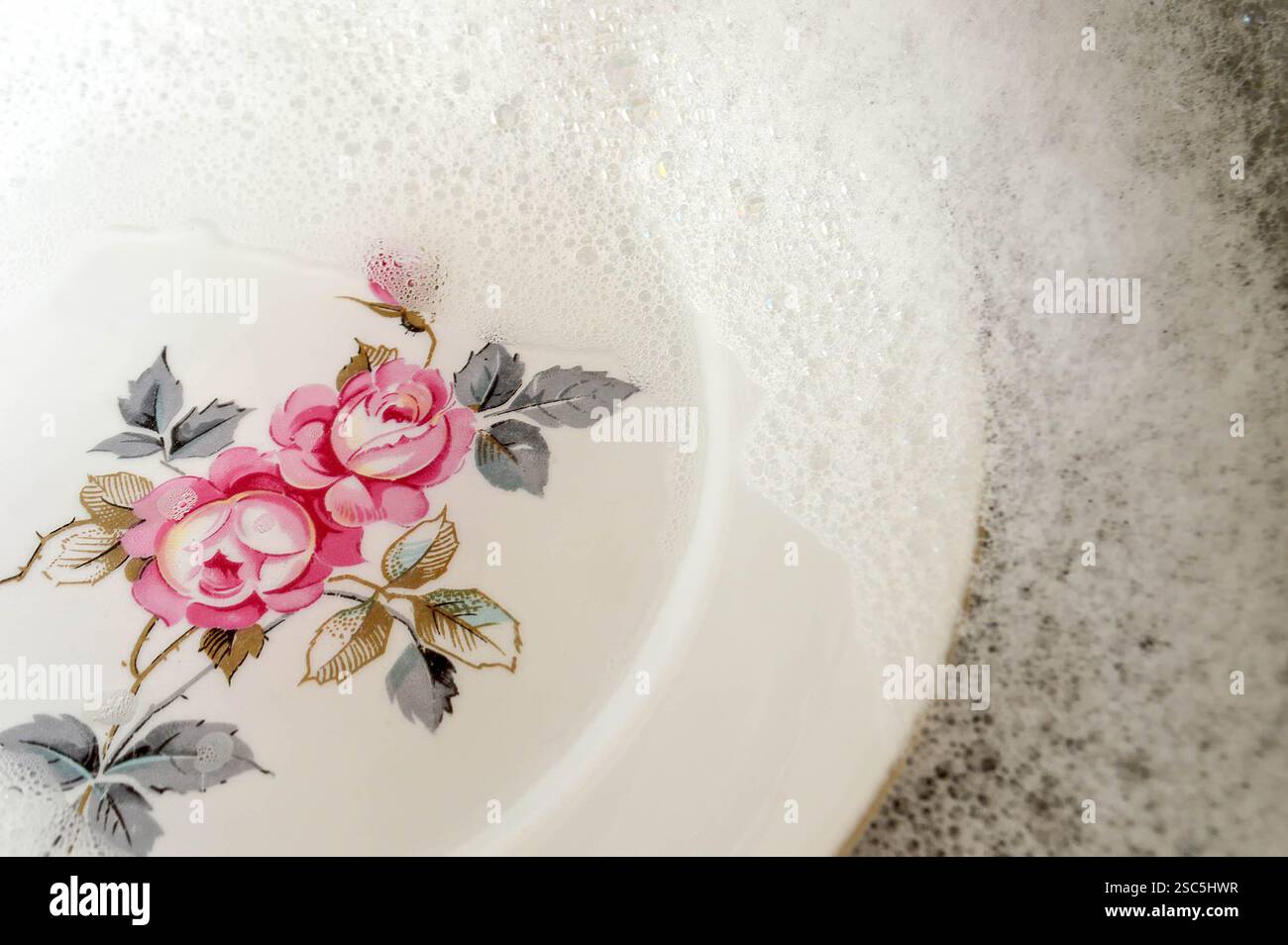 Washing dishes. Top view of plate in detergent foam Stock Photo - Alamy
