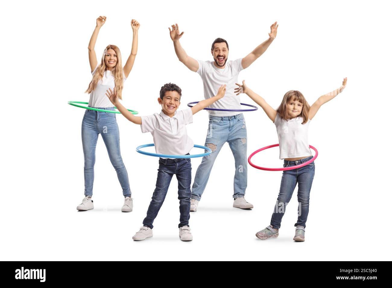 Happy family with kids spinning hula hoops isolated on white background ...