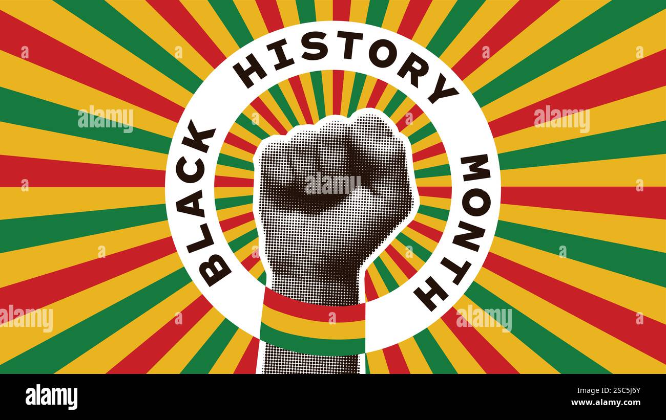 A horizontal Black History Month graphics with bold halftone clenched ...