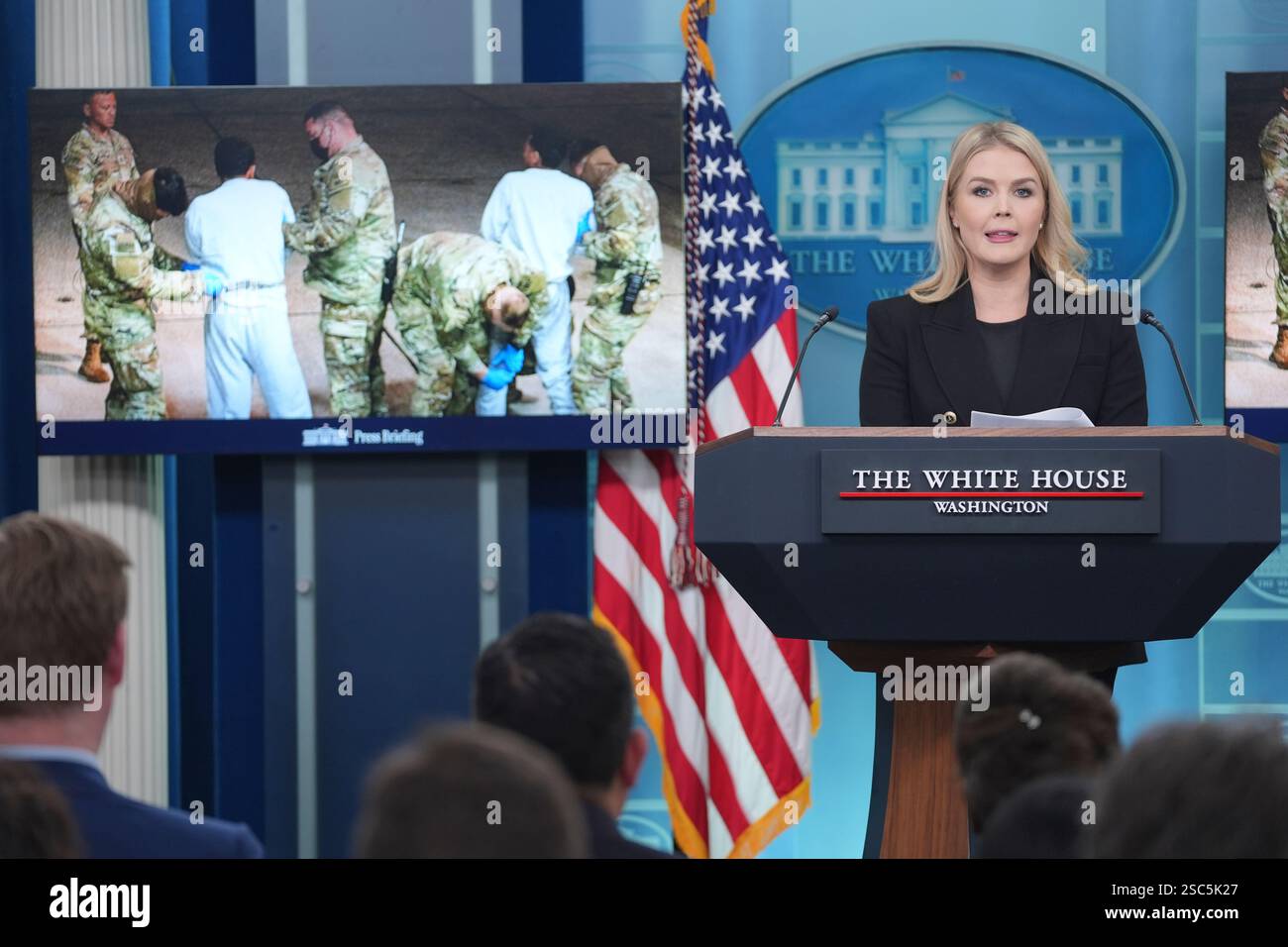 White House press secretary Karoline Leavitt speaks during a briefing at the White House ...