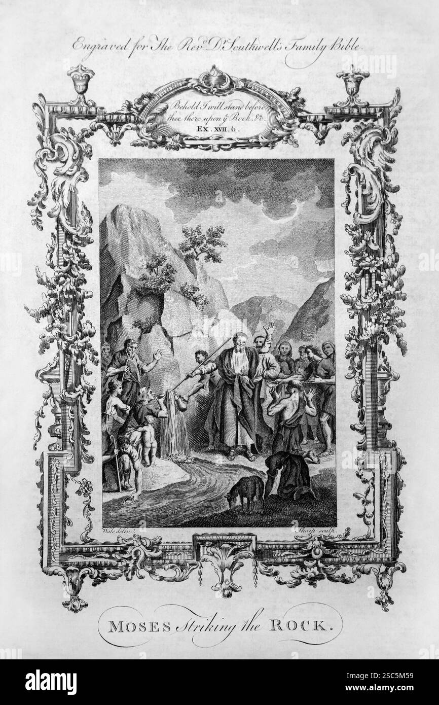 Copper-Plate Engraving of Moses Striking the Rock Twice and the Water ...
