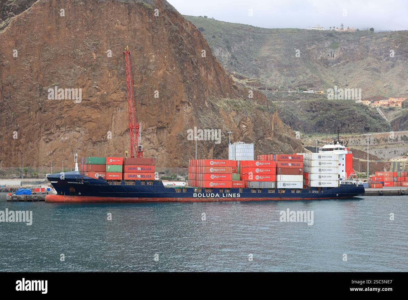 Container ship Veronica B in the port of Santa Cruz de La Palma. The ...