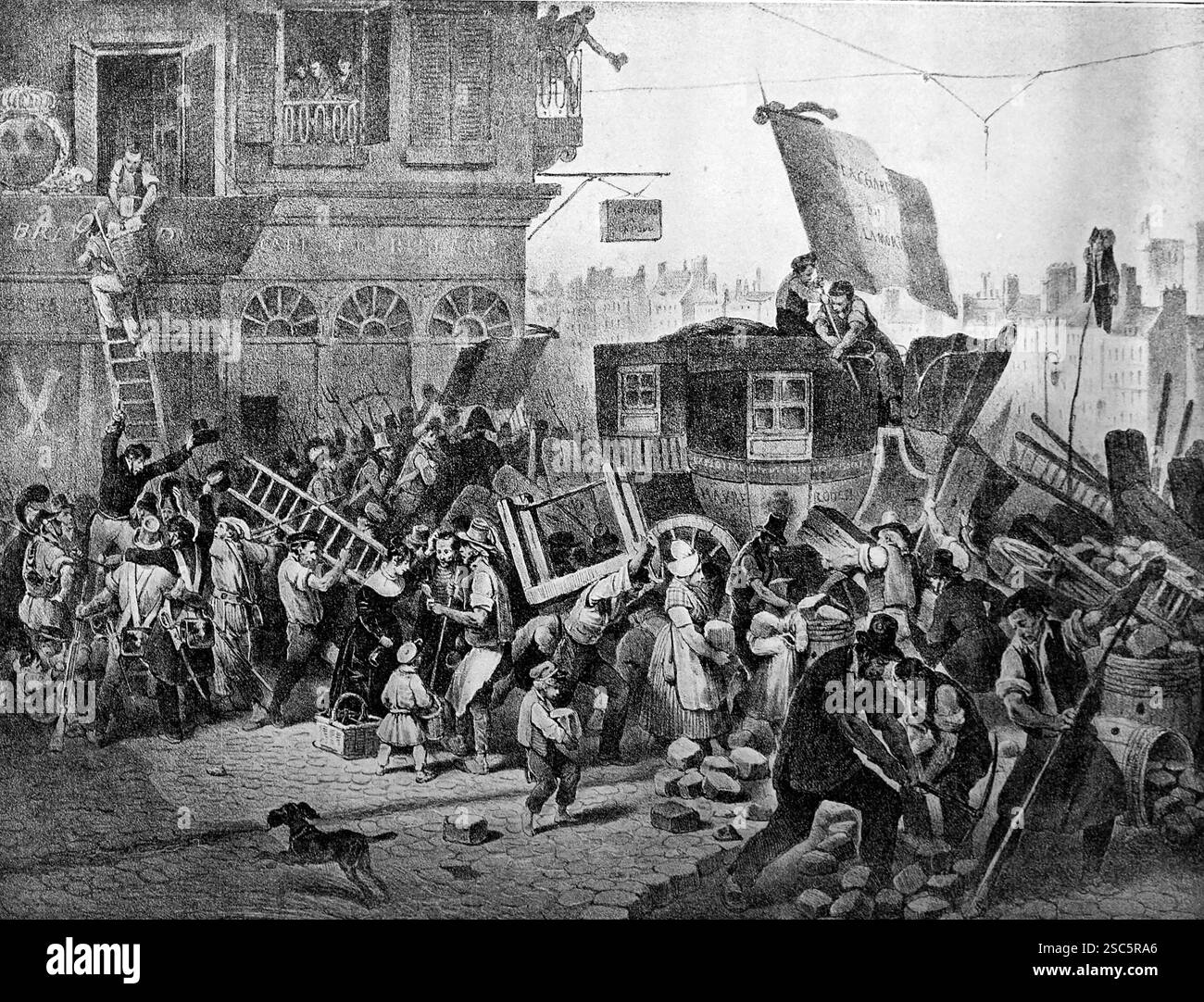 France. Paris. 1830 Revolution. 28 July. Construction of the barricade ...