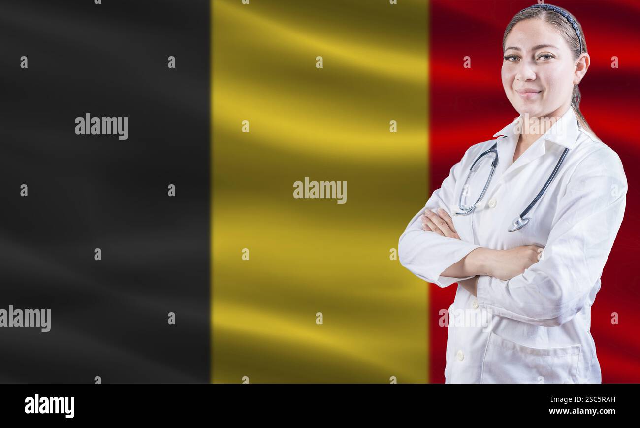 Female doctor on Belgium flag. Doctor with crossed arms on Belgium flag ...