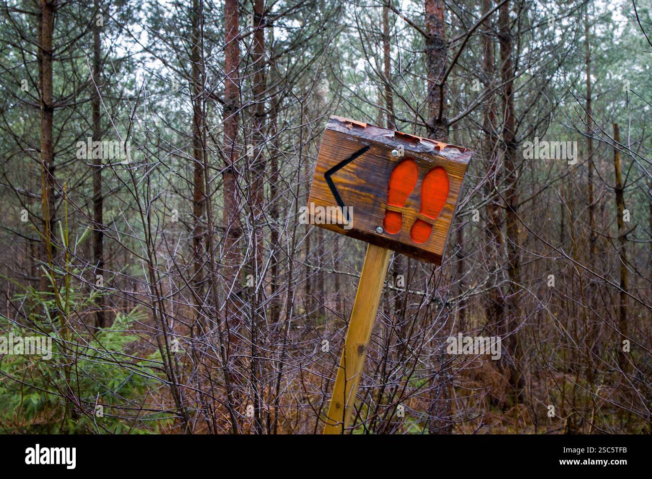 Wooden trail sign with a left arrow and red footprints, indicating a ...