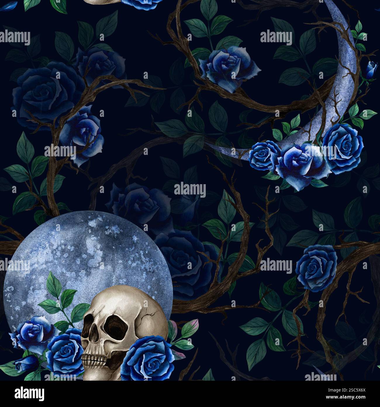 Seamless pattern with large full moon, crescent, skull, dark blue roses ...