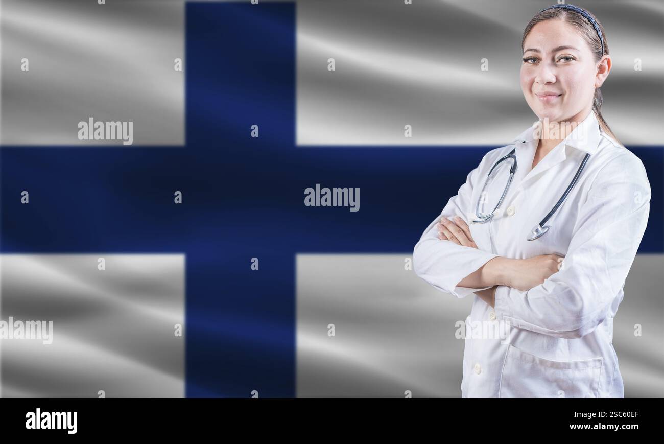 Female doctor on Finland flag. Doctor with crossed arms on Finland flag ...