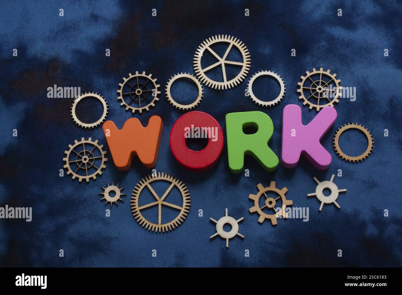 Work wording and wooden cogwheels as industry mechanism concept Stock ...