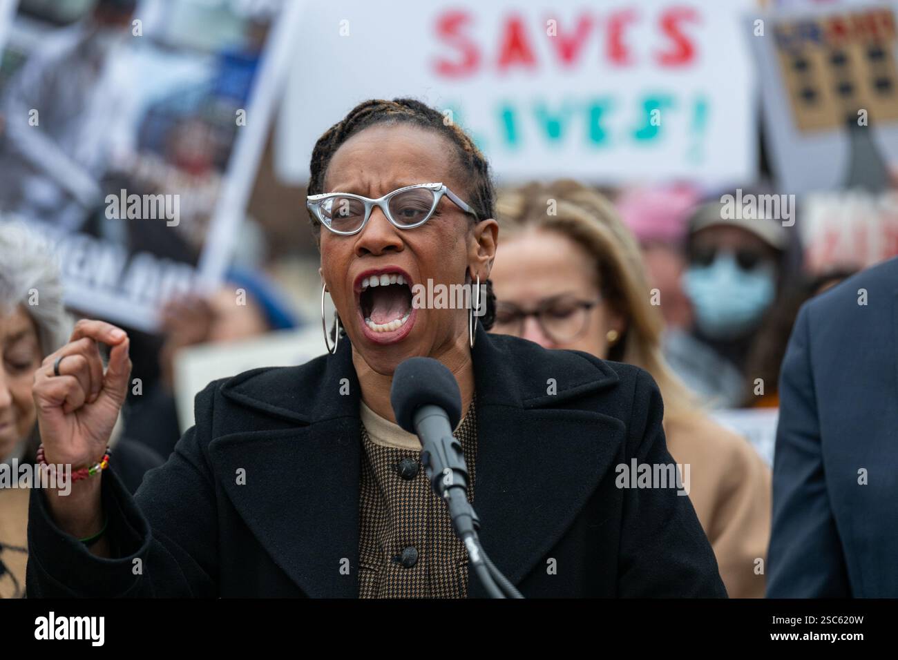 Representative Lateefah Simon, D-Ca, speaks at a rally against President Donald J. Trump and ...