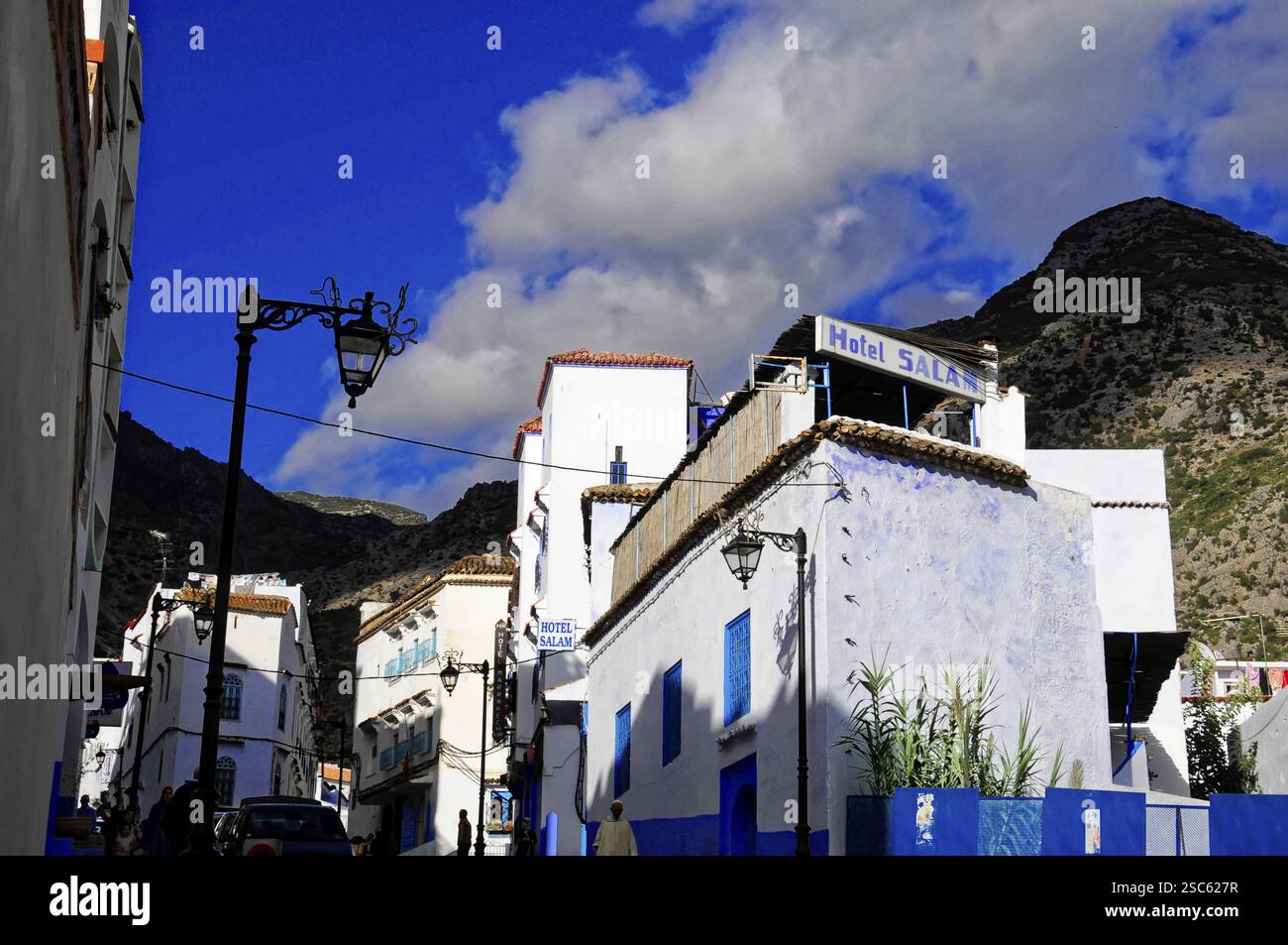 Chefchaouen, Rif Mountains, Morocco, View of white buildings and hotel ...
