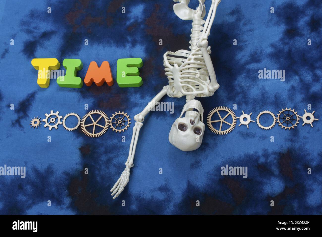 Time wording, cogwheels and artificial skeleton as time concept Stock ...