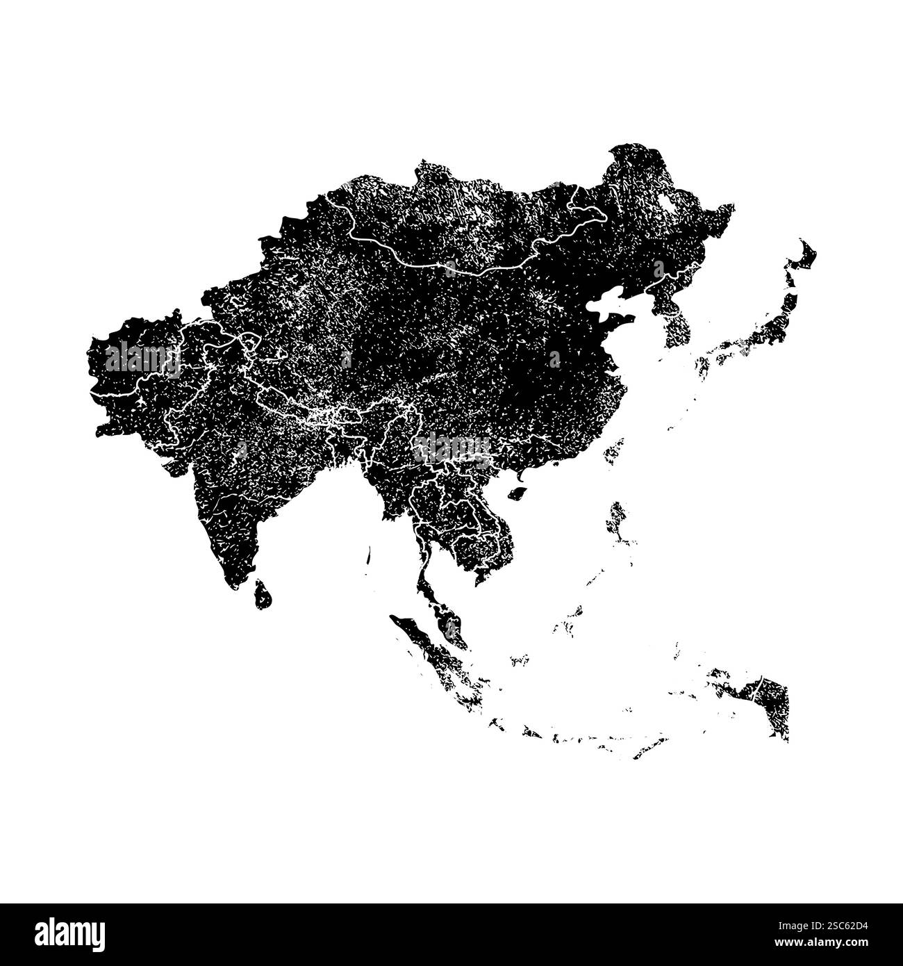 Grunge Style Asia Map Silhouette with Country Borders in Black and ...