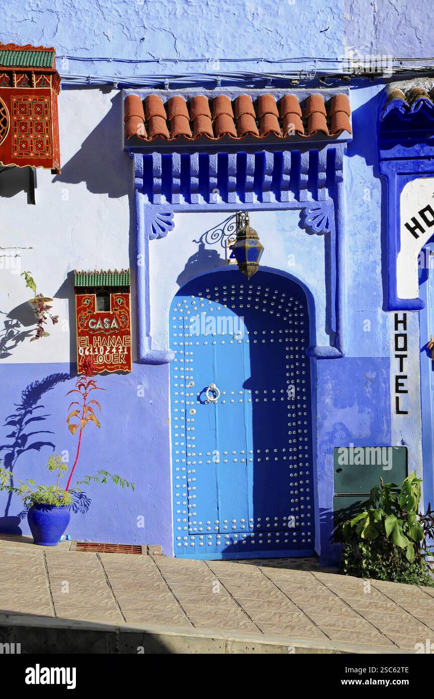 Chefchaouen, Rif Mountains, Morocco, Hotel entrance with blue door ...