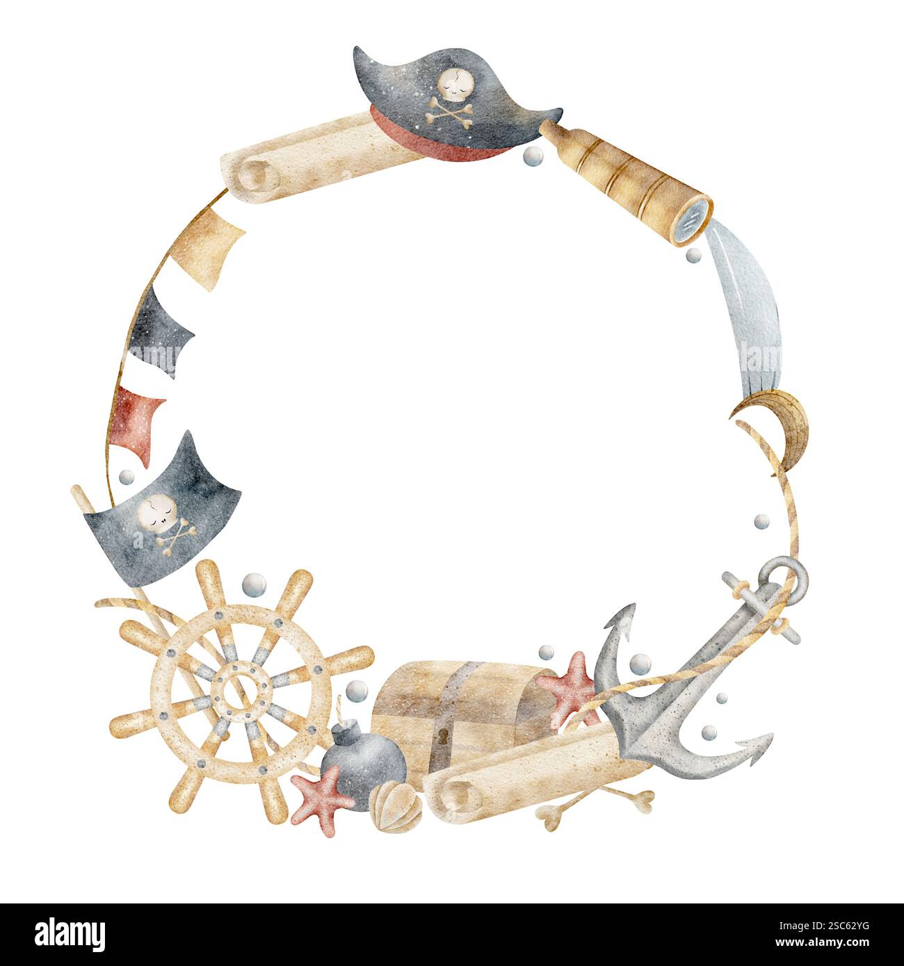 Wreath pirate attributes, anchor, ship steering wheel, chest ...
