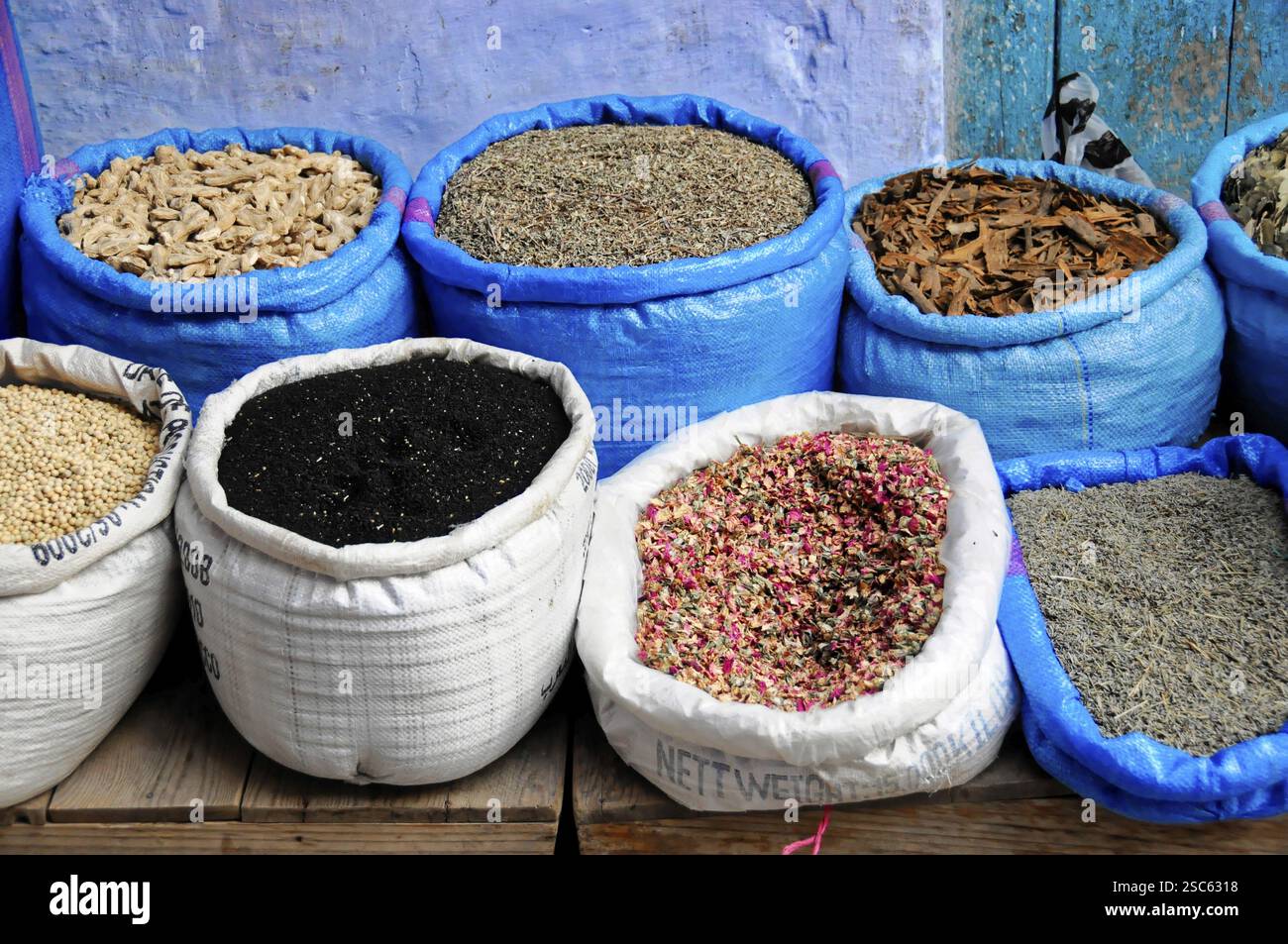Chefchaouen, Rif Mountains, Morocco, Colourful sacks full of spices and ...