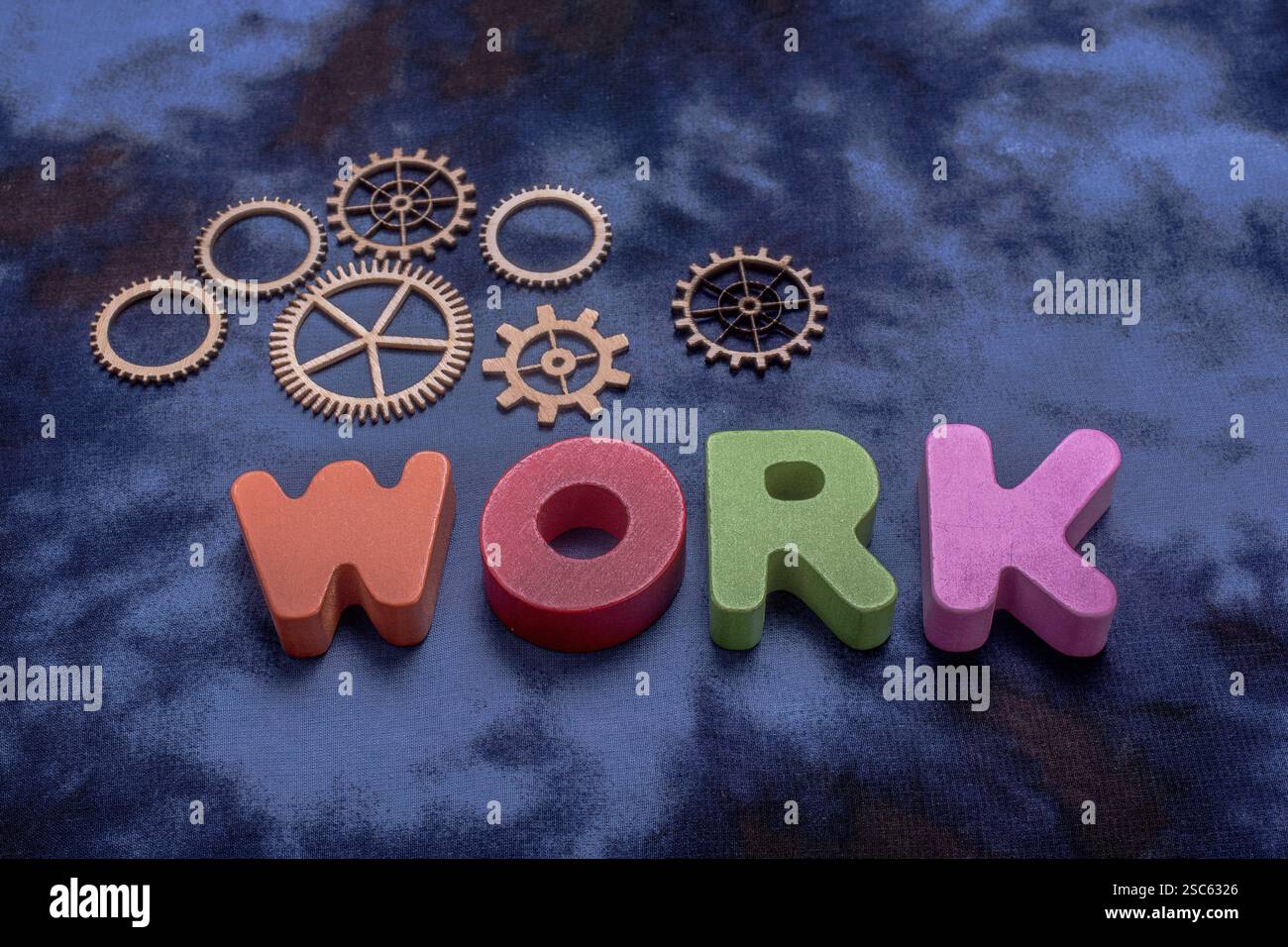 Work wording and wooden cogwheels as industry mechanism concept Stock ...