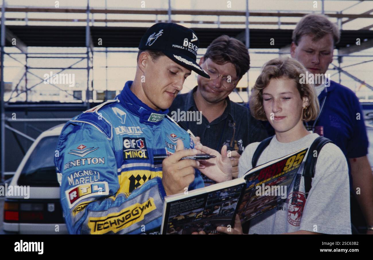 Racing driver Michael Schumacher (Benetton Ford), in blue racing suit ...