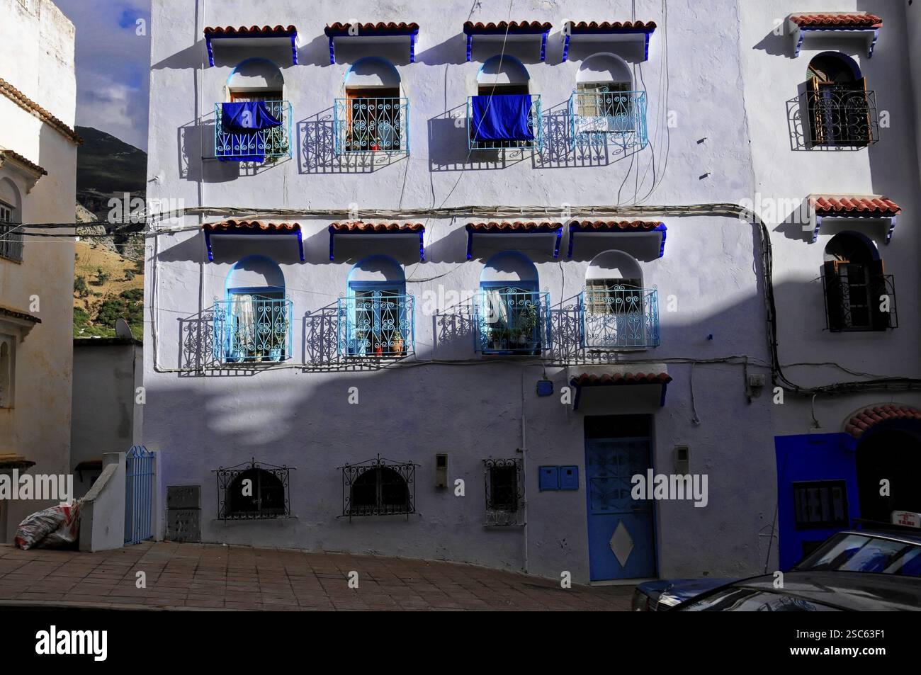 Chefchaouen, Rif Mountains, Morocco, White building with blue windows ...