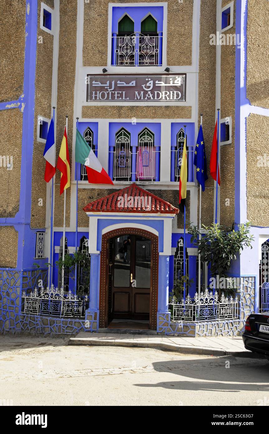 Chefchaouen, Rif Mountains, Morocco, Hotel building with colourful ...