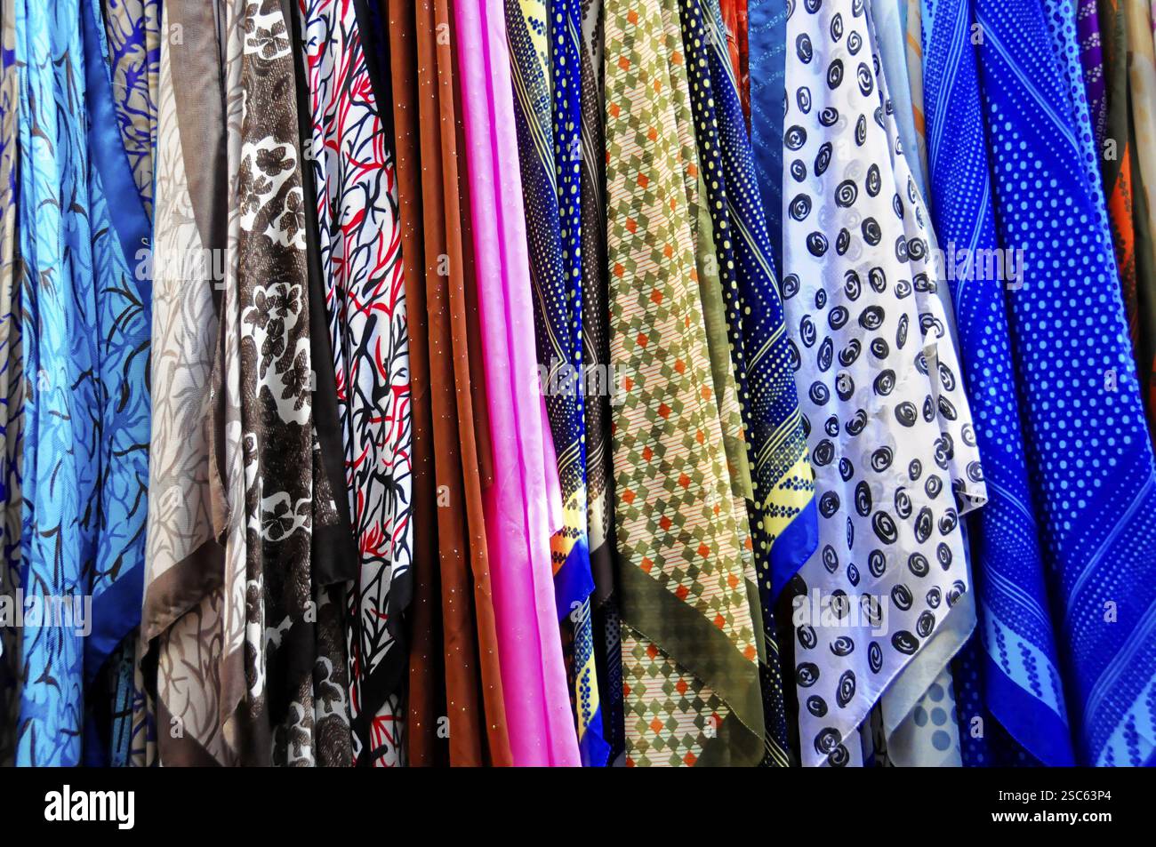 Chefchaouen, Rif Mountains, Morocco, Various colourful fabrics with ...