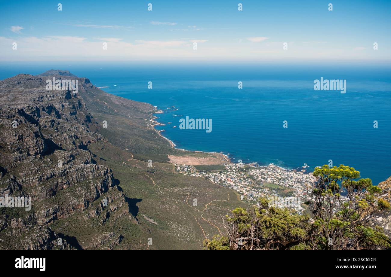 Cape town aerial view, Table mountain cliffs over Atlantic ocean, sandy ...