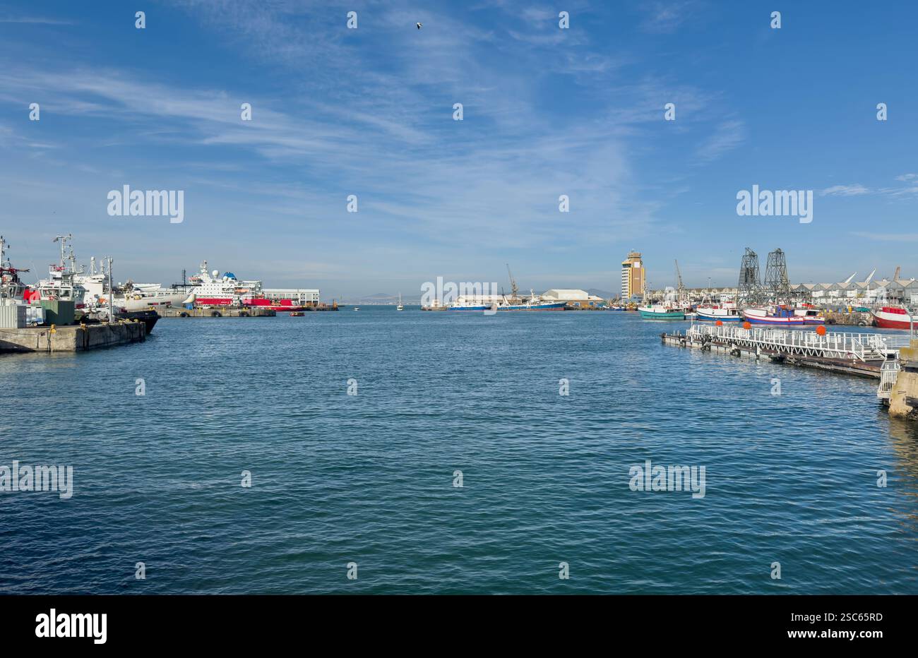 Cape town harbor, South Africa. Ships anchored on the ports docks ...