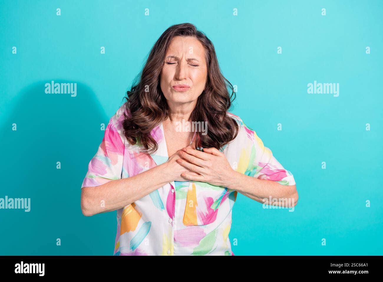 Photo portrait of pretty retired female touch chest heartache wear ...