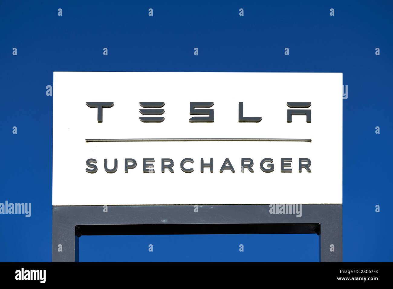 Ulm, Baden-Württemberg, Germany - February 5, 2025: Tesla Supercharger ...