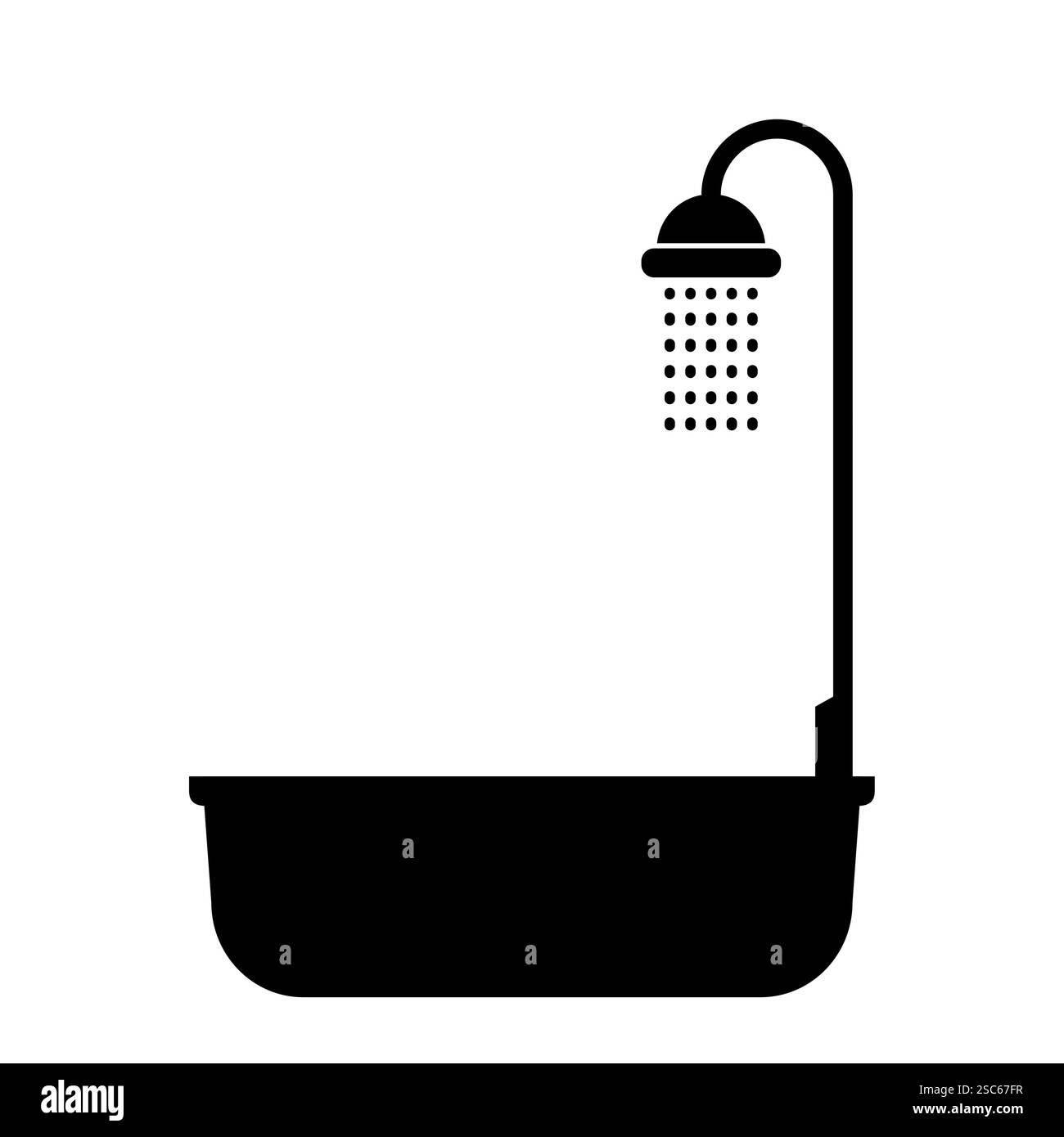 Bathtub with overhead shower icon black and white. Minimalist ...