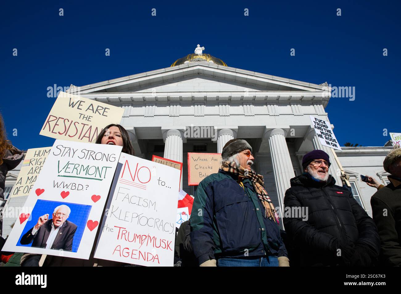 Montpelier, Vermont, USA, 5 February, 2025. Demonstrators at an anti ...