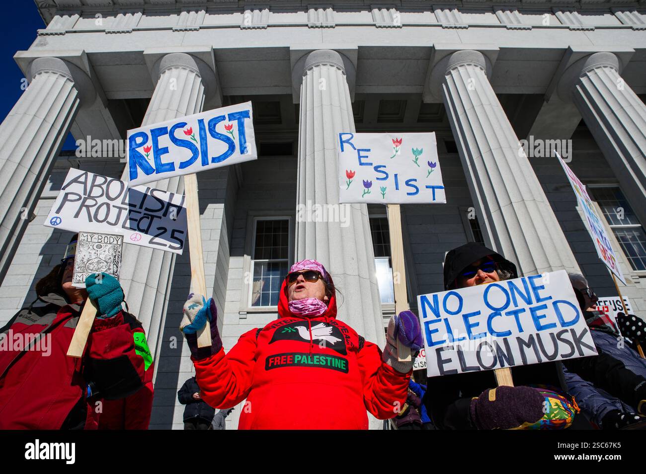 Montpelier, Vermont, USA, 5 February, 2025. Demonstrators at an anti ...