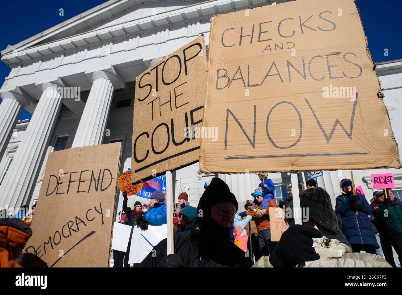 Montpelier, Vermont, USA, 5 February, 2025. Demonstrators at an anti ...