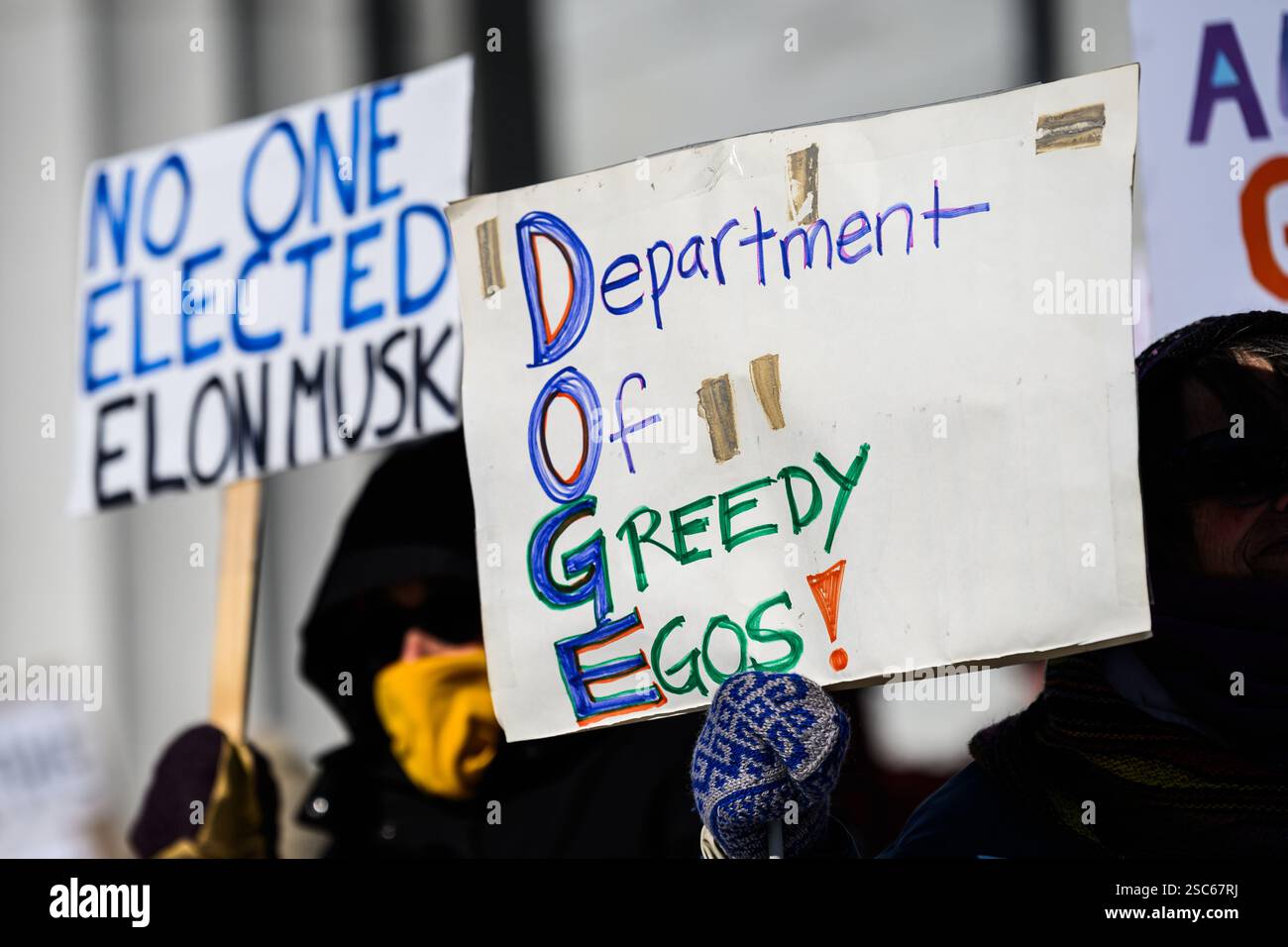 Montpelier, Vermont, USA, 5 February, 2025. Demonstrators at an anti ...