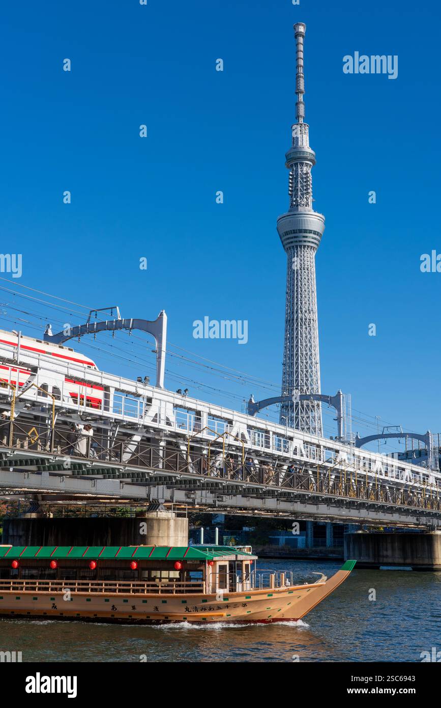 Sumida river walk, a boat on the river, a train on the railway bridge ...
