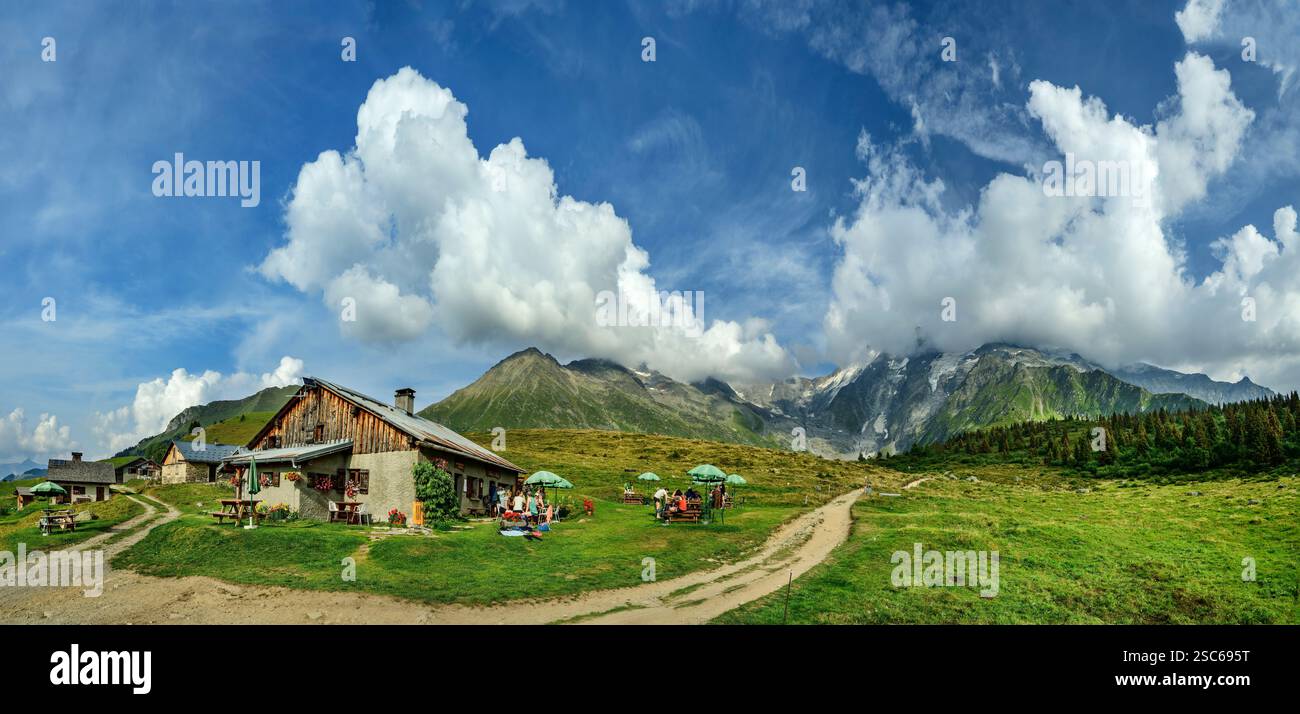 Panorama with Auberge du Truc hut and Mont Blanc group in clouds, Tour ...