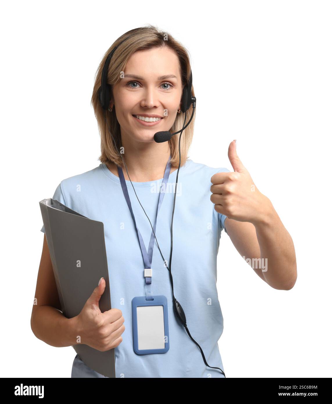 Technical support call center. Smiling operator with folder showing ...