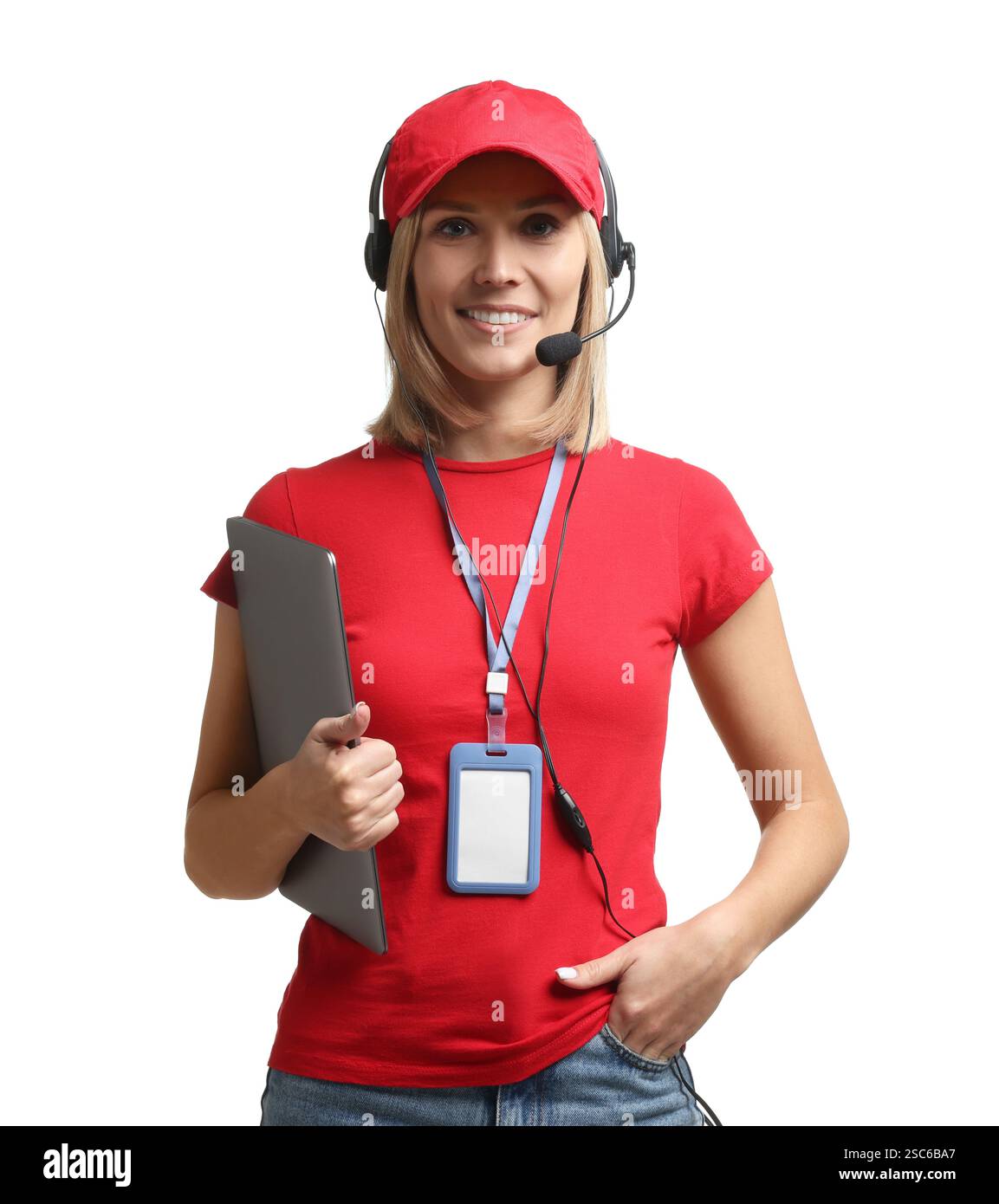 Technical support call center. Smiling operator with laptop on white ...