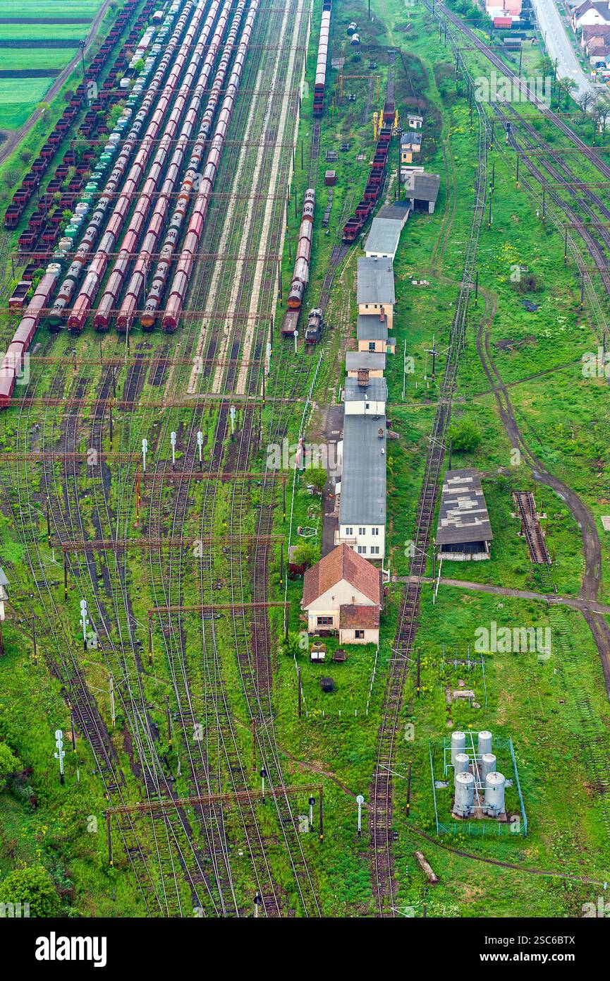 Aerial view of Romanian railway train depot. Industrial conceptual ...
