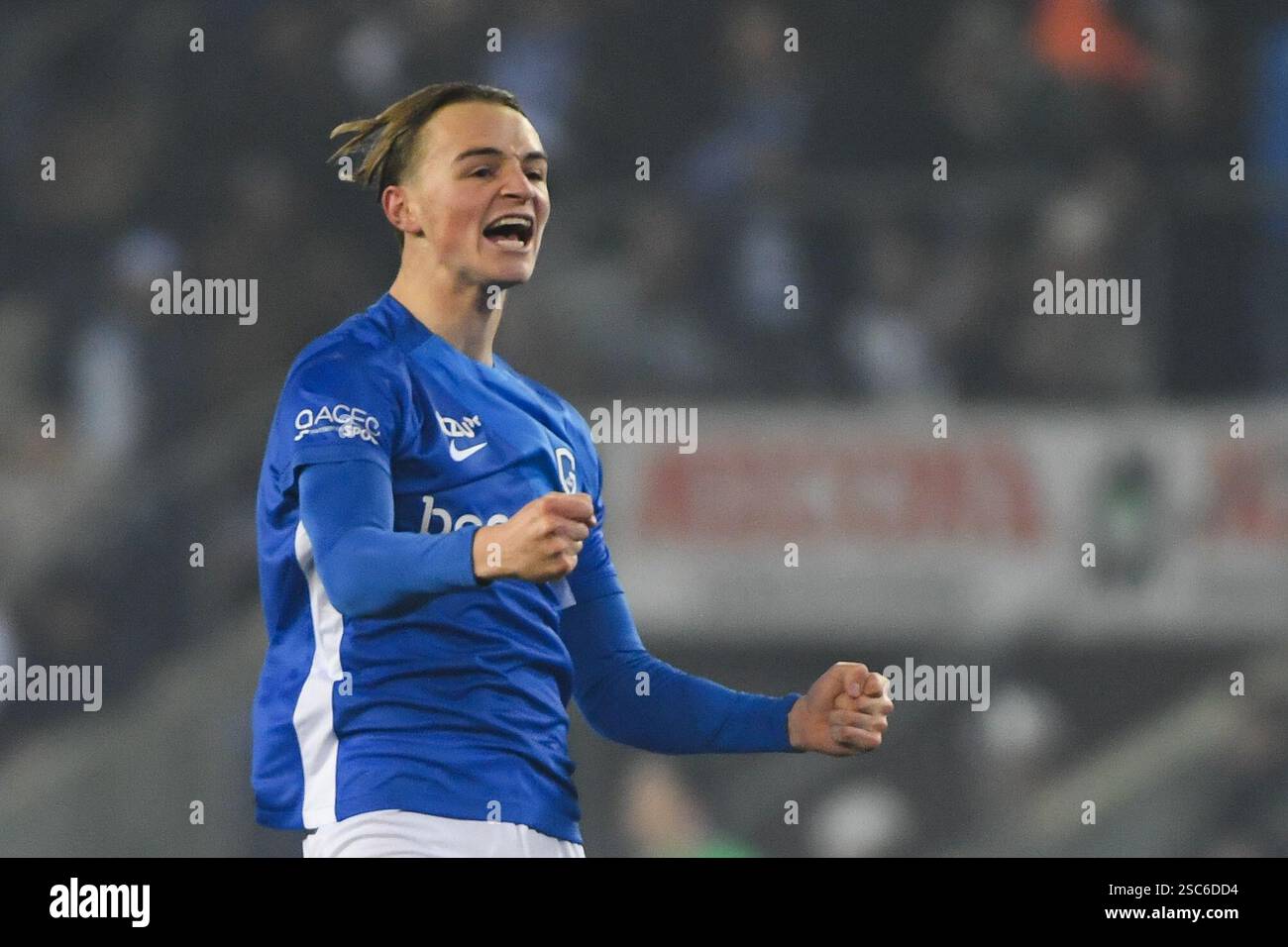 Genk's Matte Smets celebrates during a soccer game between KRC Genk and ...