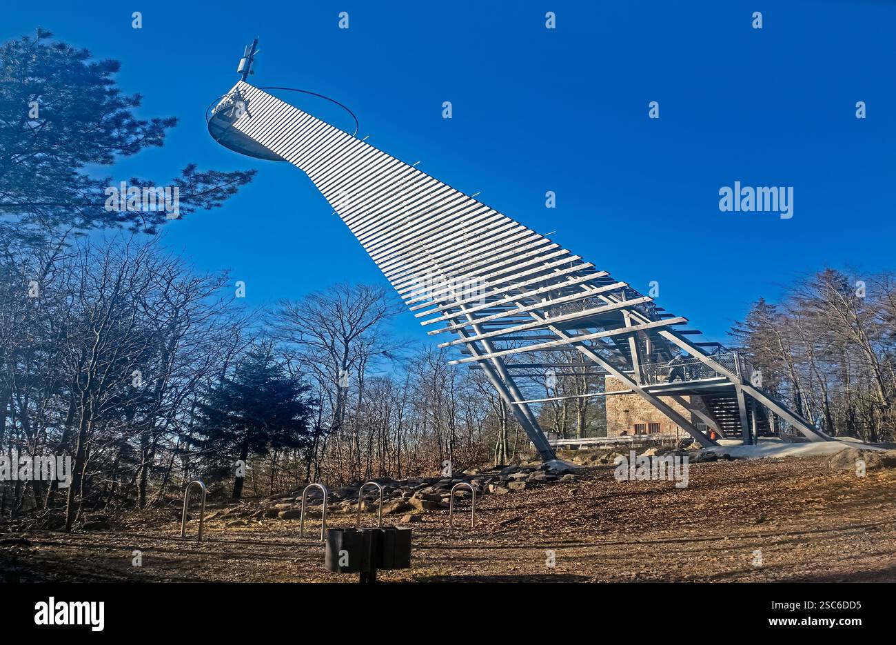 Modern observation tower on Tromm in Odenwald with blue sky and ...